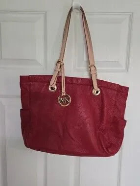 Michael Kors | Bags | Michael Kors Red Leather Tote With Tan Handles ...